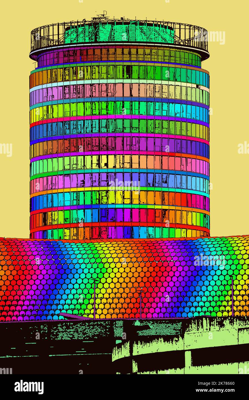 Birmingham city centre in bright vivid colours, a series of digital art ...