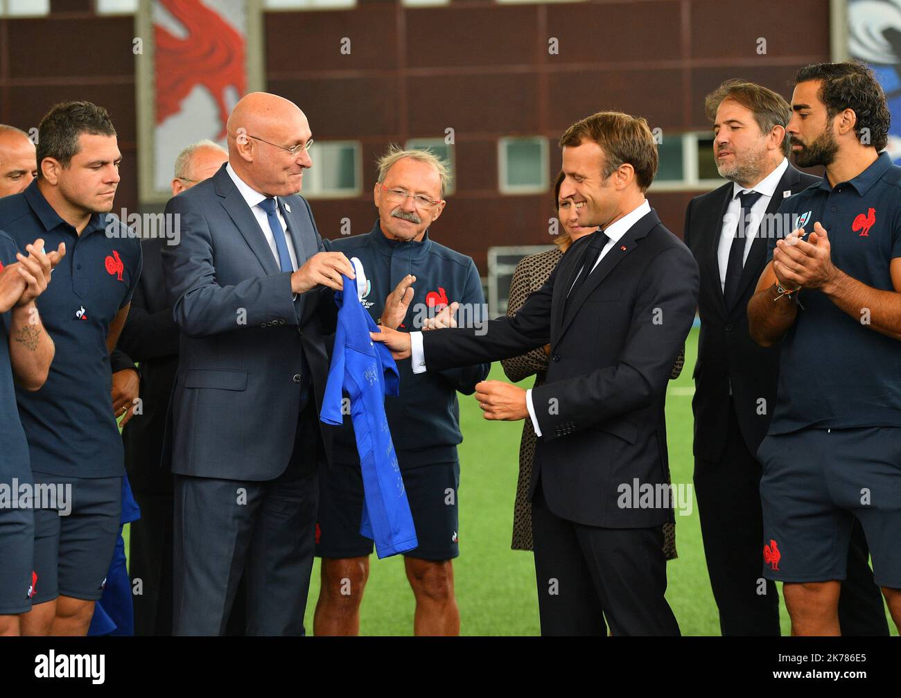 France's President Emmanuel Macron, French Rugby Federation President ...