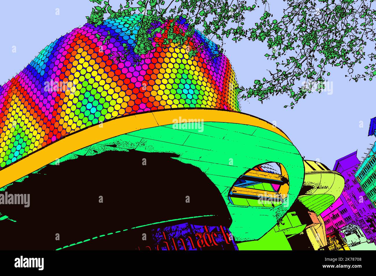 Birmingham city centre in bright vivid colours, a series of digital art ...