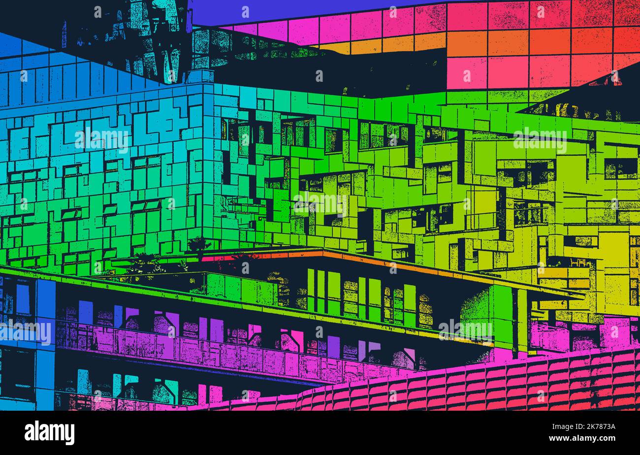 Birmingham city centre in bright vivid colours, a series of digital art ...