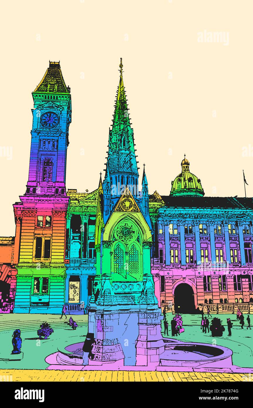Birmingham city centre in bright vivid colours, a series of digital art ...