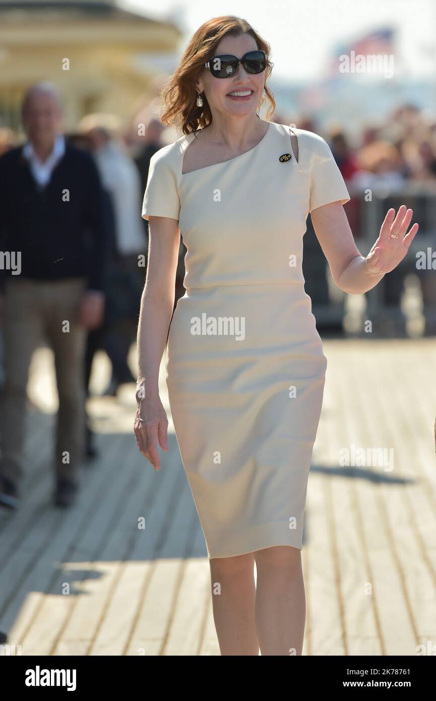 Actress Geena Davis poses next to the beach closet dedicated to her ...