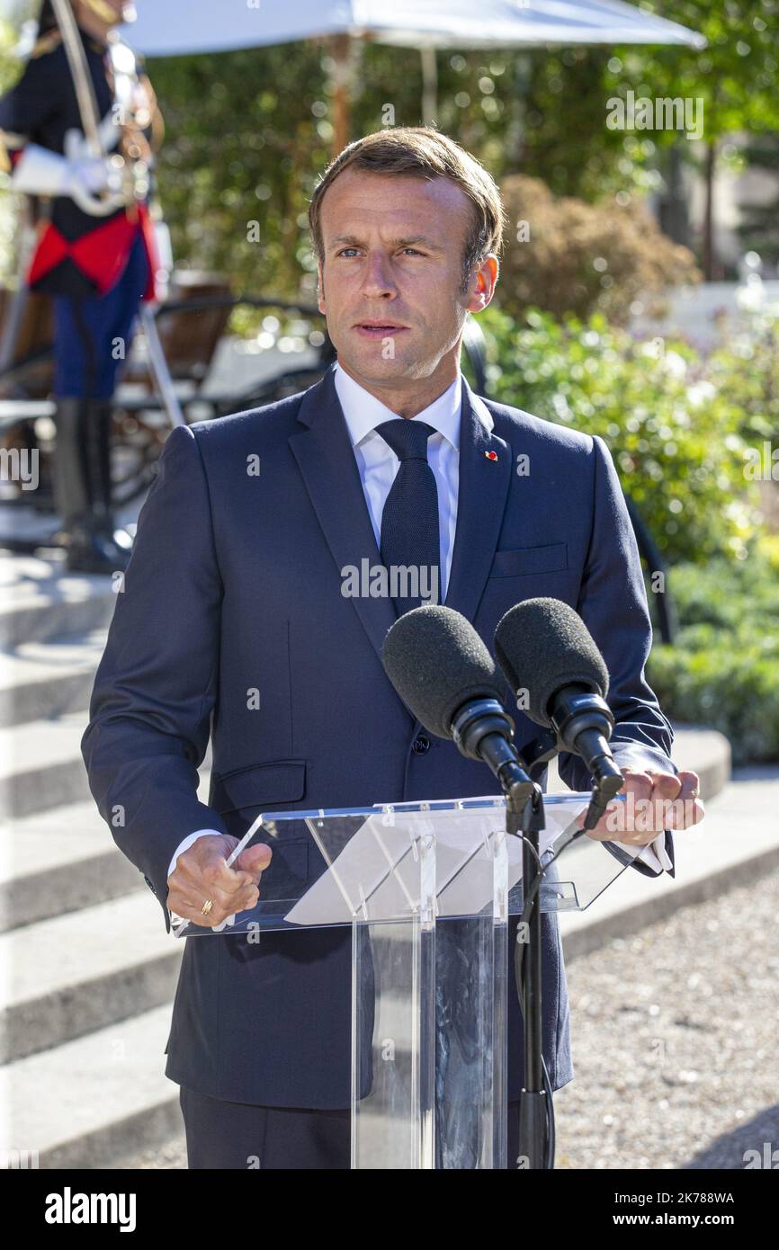 French President Emmanuel Macron speaks to media during a press ...
