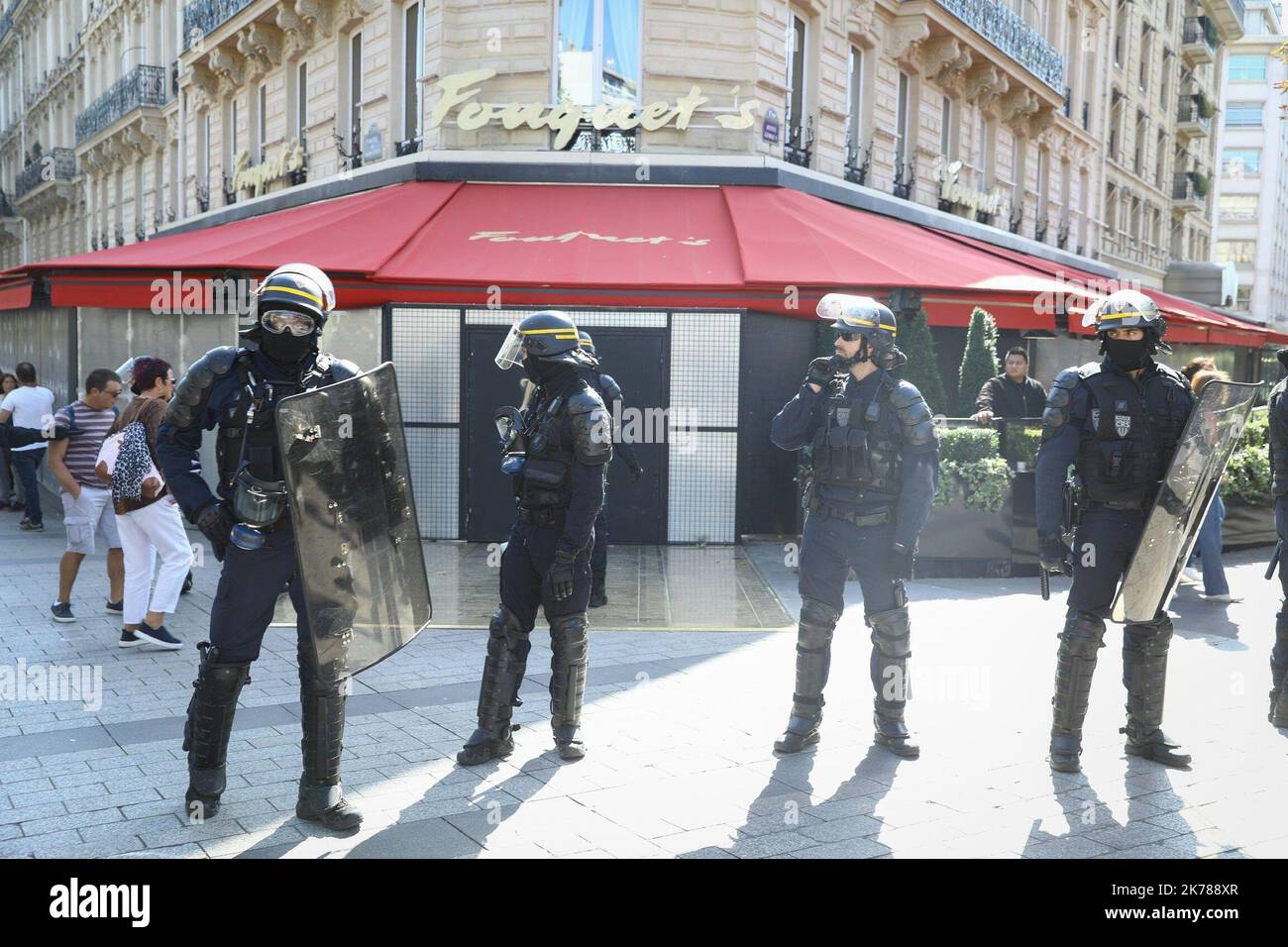 A police barrier stands in front of popular restaurant Fouquet's which ...