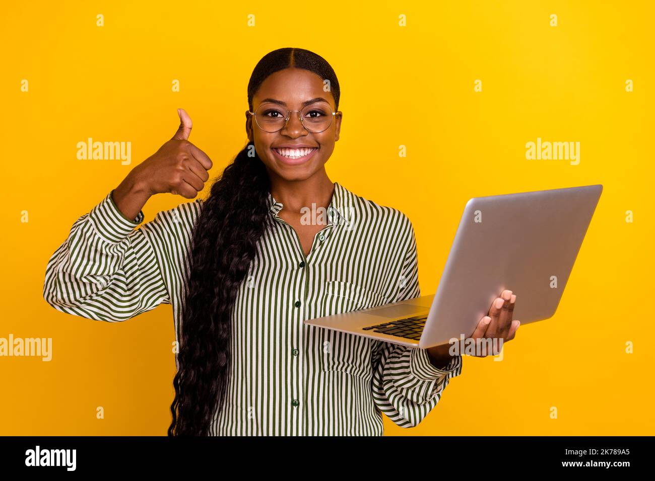 Portrait of beautiful attractive girl hold netbook hand finger show ...