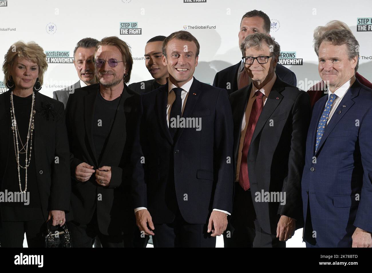 Singer Bono, president Emmanuel Macron and philanthropist founder of ...