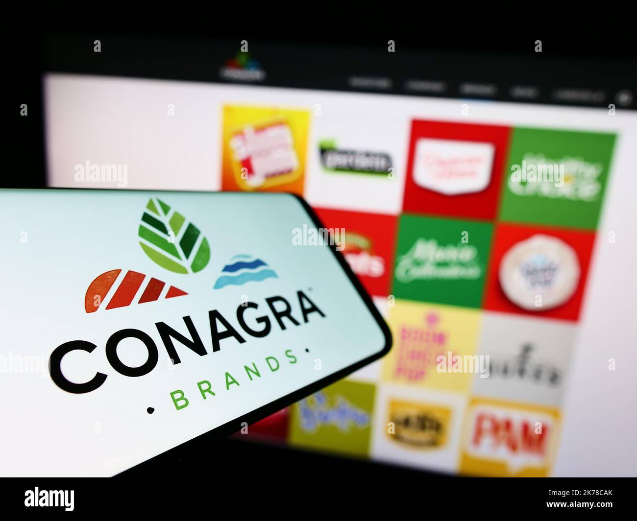 Mobile phone with logo of US consumer goods company Conagra Brands Inc ...