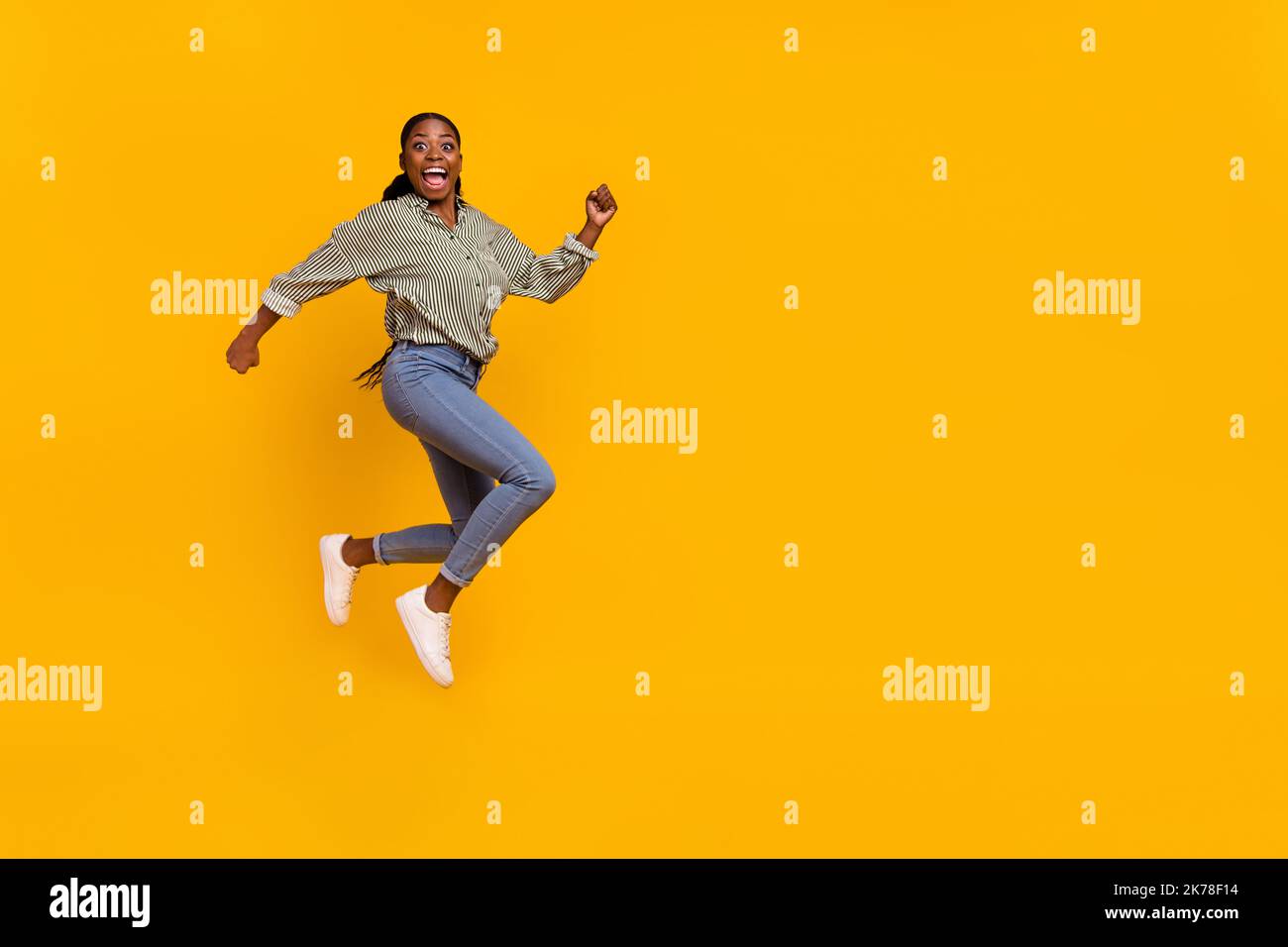 Full size profile photo of sportive energetic lady rush hurry fast ...