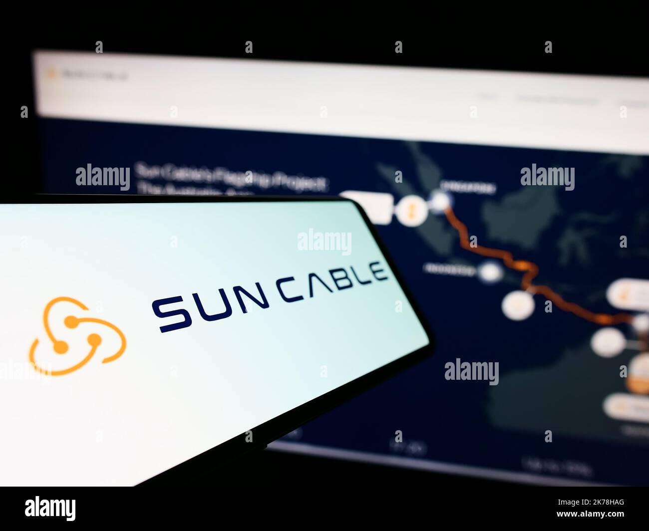 Cellphone with logo of energy infrastructure company Sun Cable Pty. Ltd ...