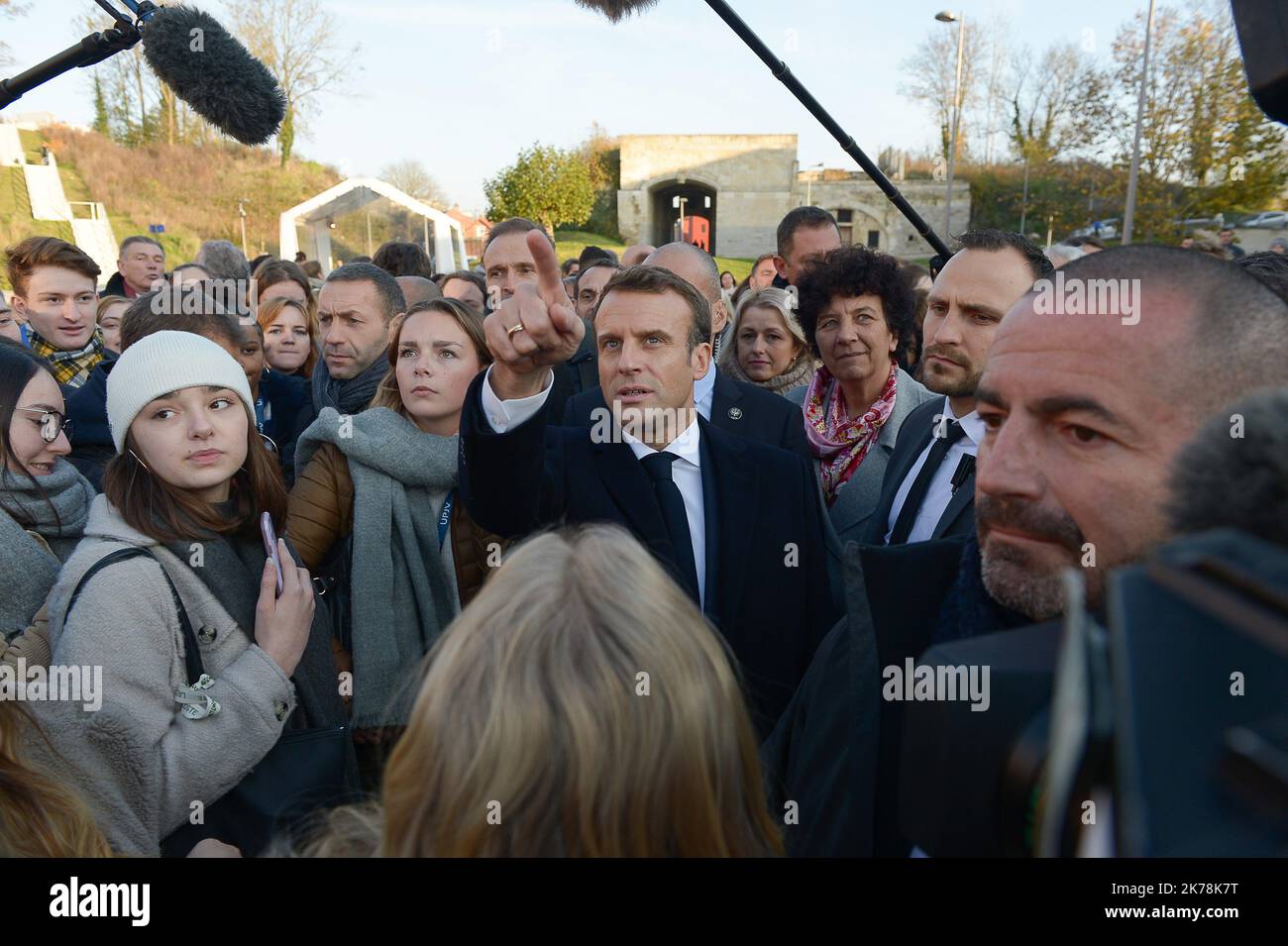 Arrival of the French President Emmanuel Macron at the new university ...
