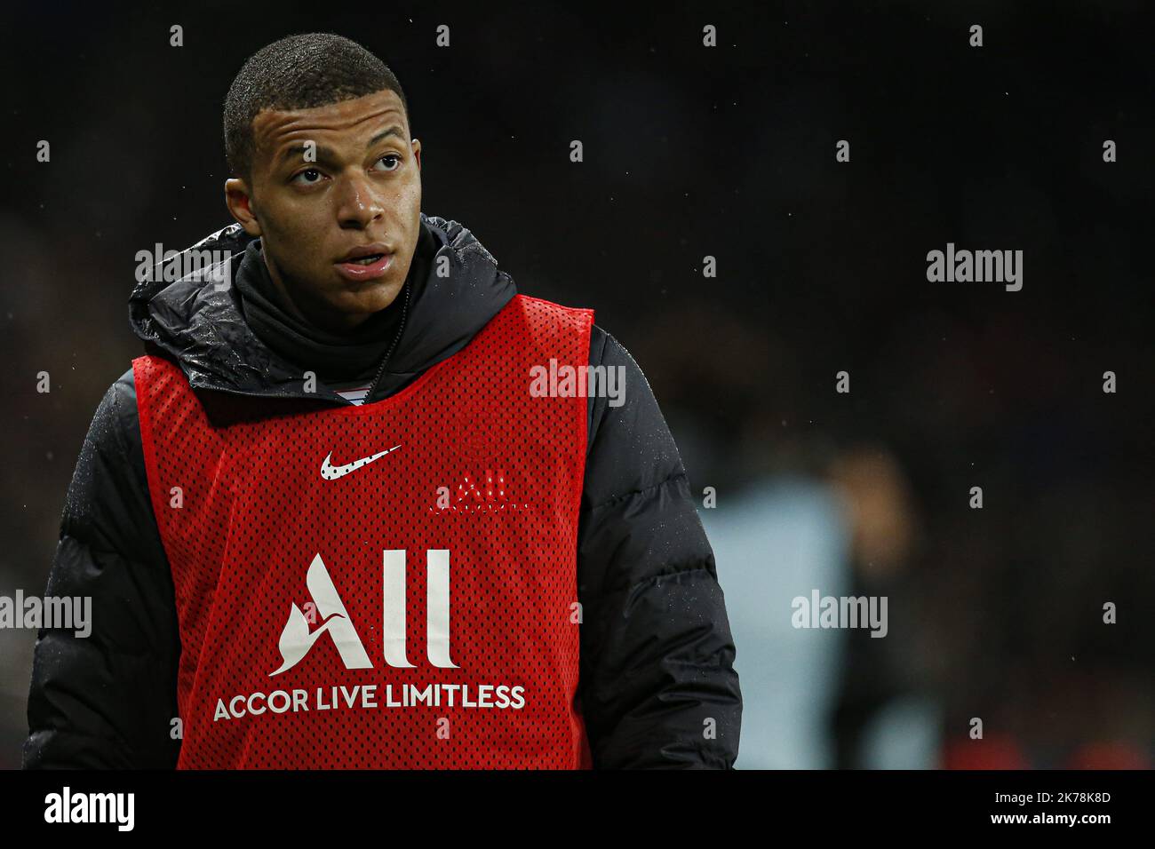 Kylian Mbappe of Paris Saint-Germain looks on during warmup during the ...
