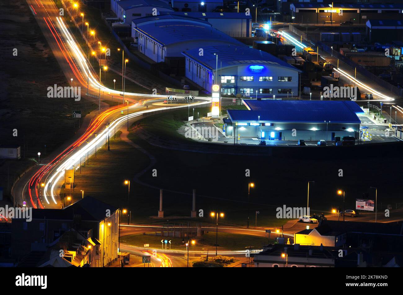 Traffic light trails at night, Chiswell, Portland, Dorset Stock Photo ...