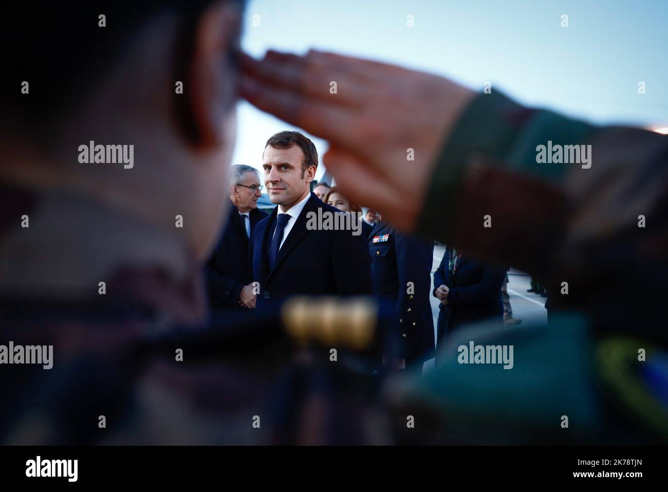 French President Emmanuel Macron reviews troops at the air base 123 of ...