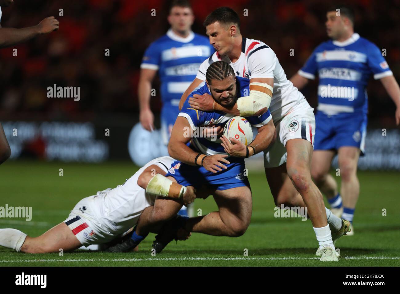 Doncaster, UK. 17th October, 2022. Greece's Robert Tuliatu is held ...