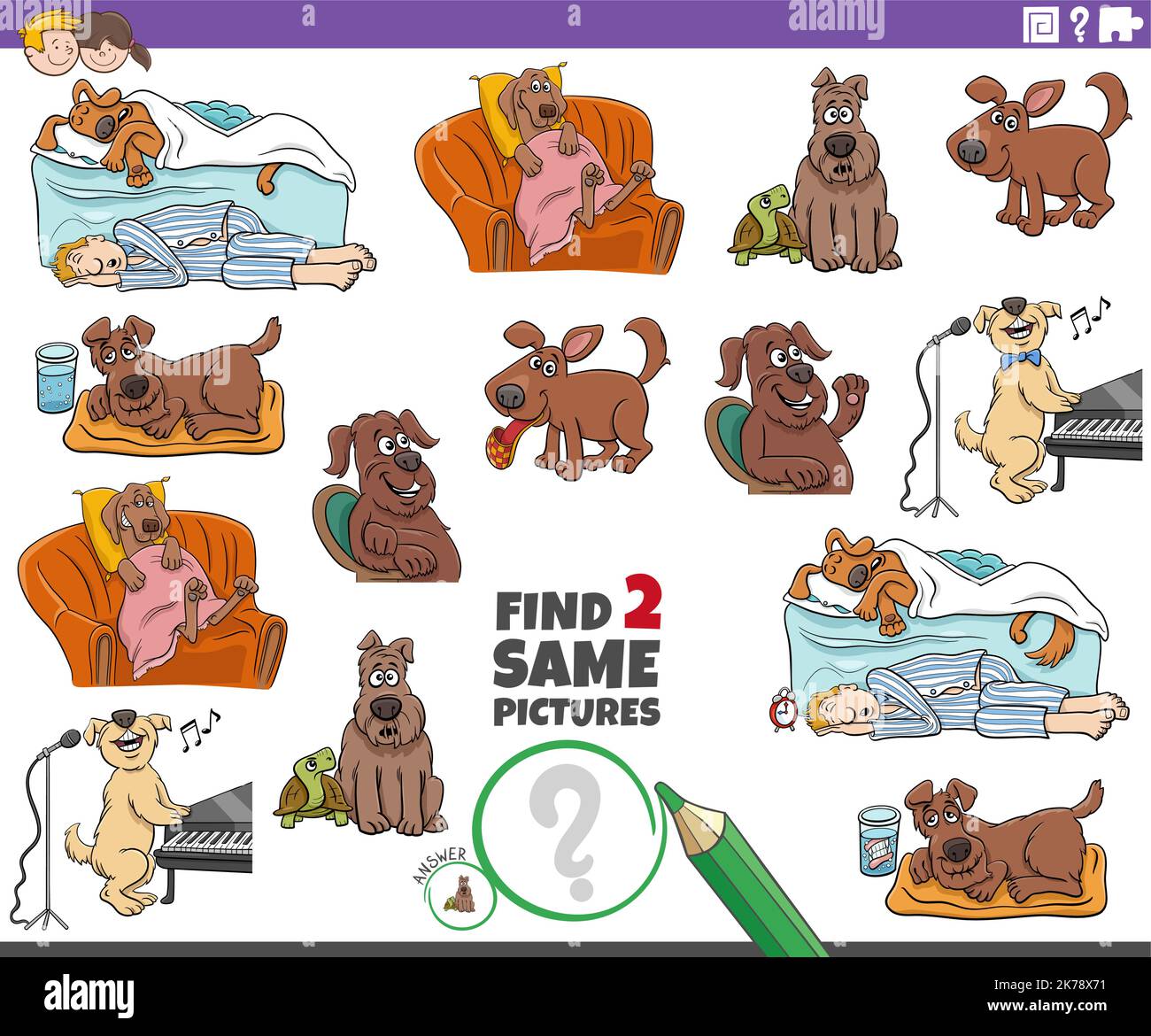 Cartoon illustration of finding two same pictures educational game with ...