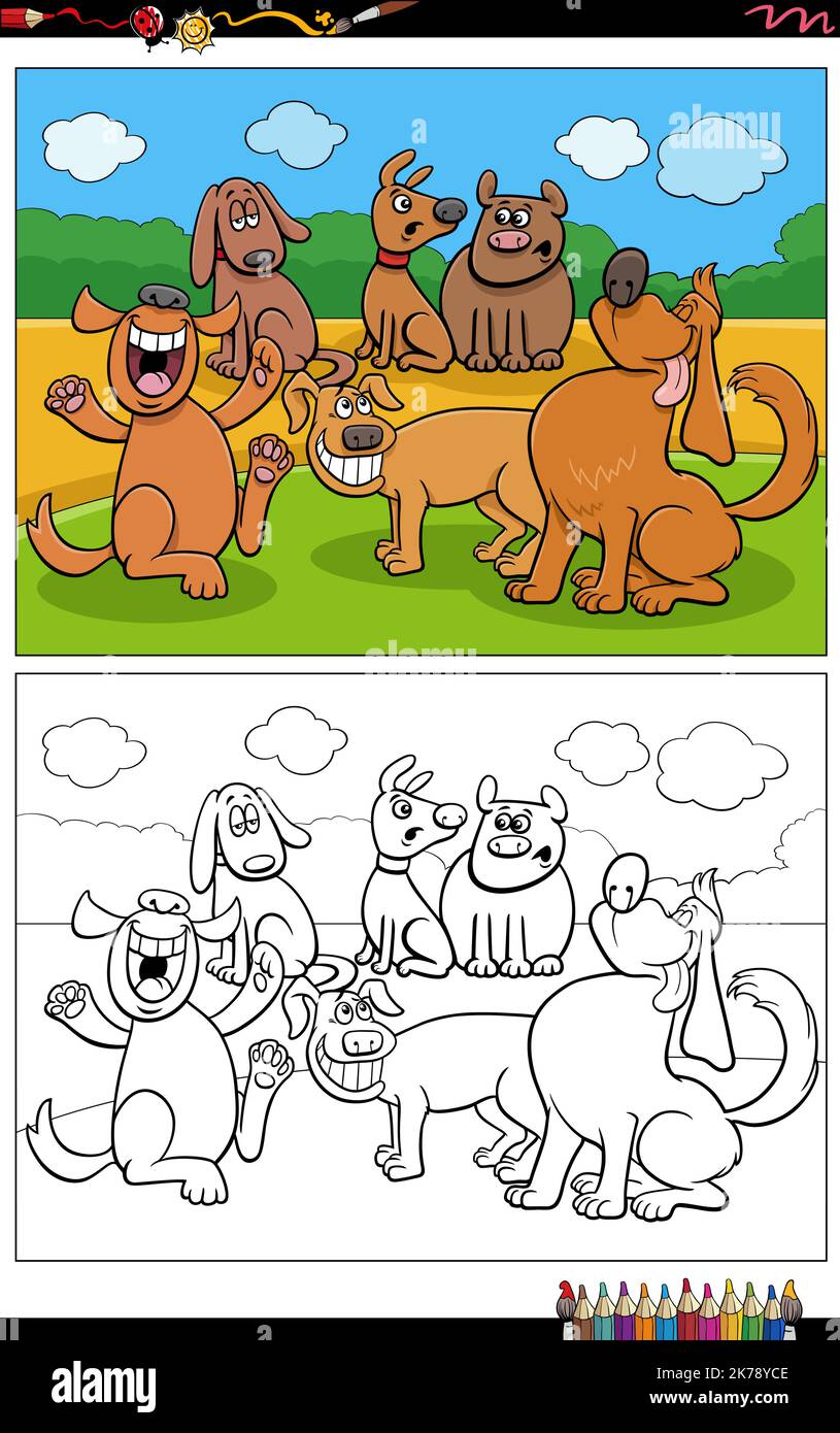 Cartoon illustration of funny dogs comic characters group coloring page ...