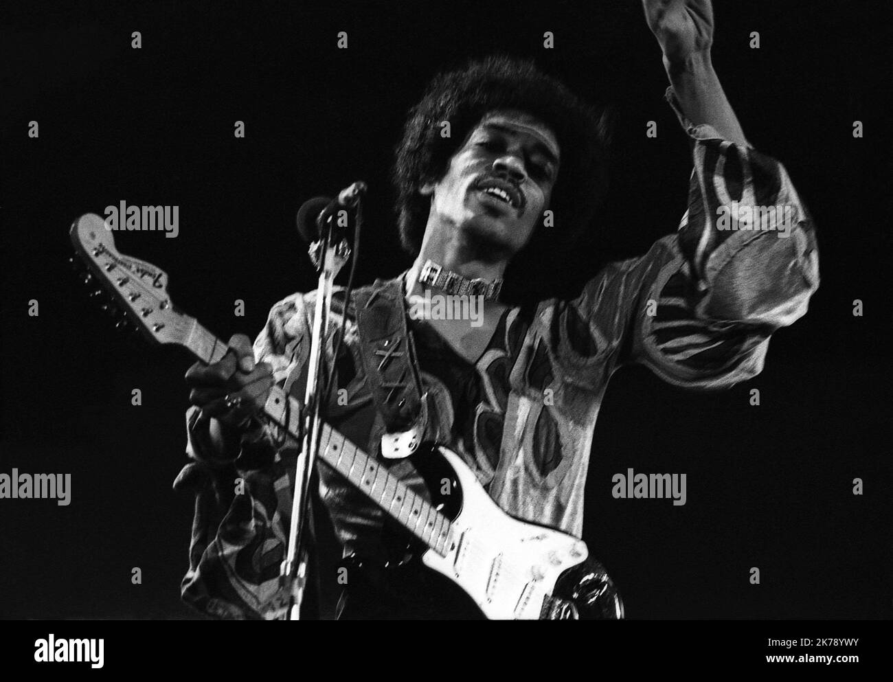 Jimi Hendrix at the famous Isle of Wight Festival in 1970, it is ...