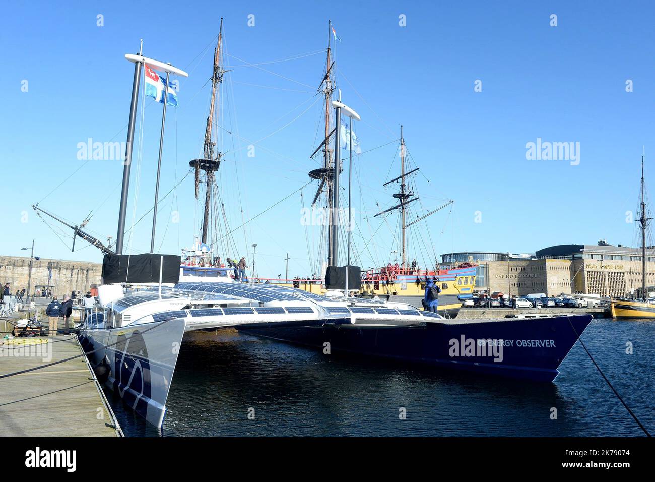 The bow of the ship with solar panels covering almost the entire boat ...