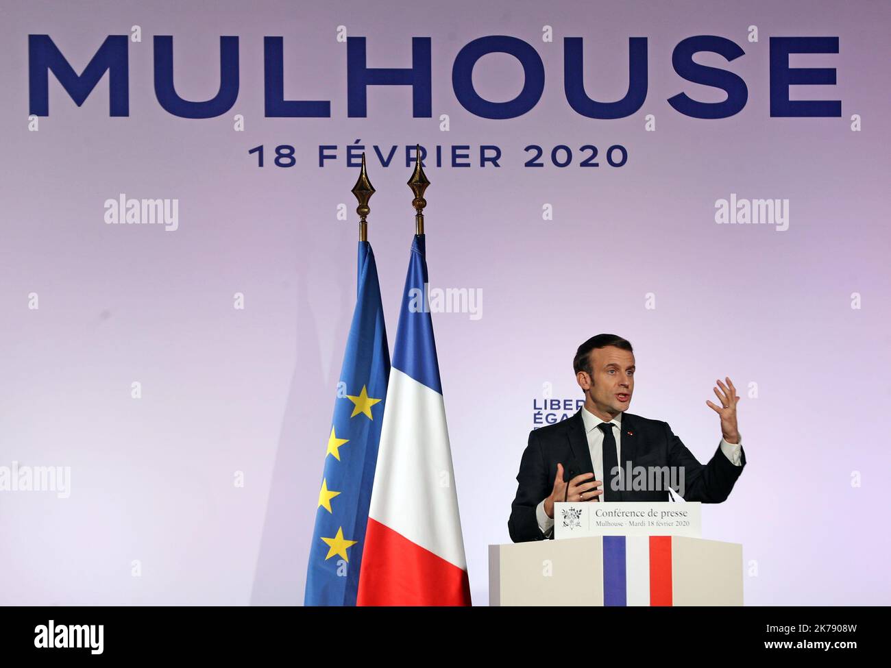 French President Emmanuel Macron during his visit in Mulhouse Stock ...