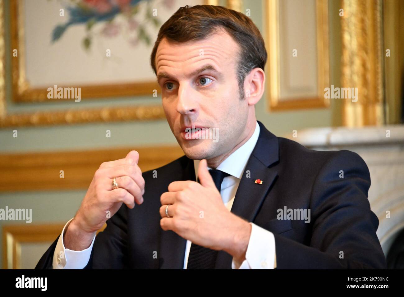 Emmanuel Macron speaks during a meeting at the Elysee Palace in Paris ...
