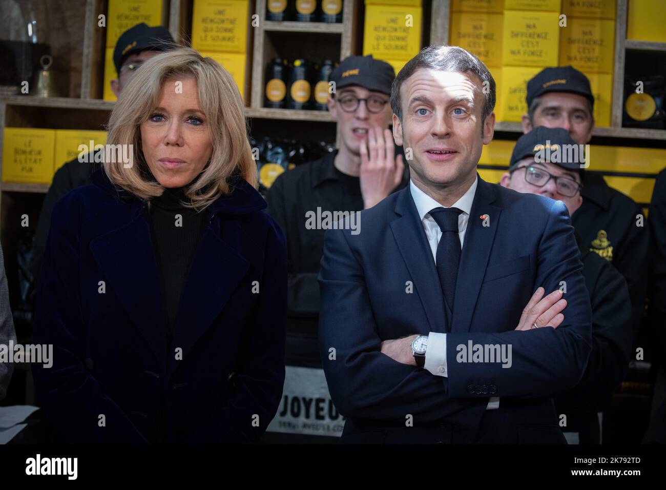 Emmanuel Macron and his wife Brigitte Macron at the new Cafe Joyeux ...
