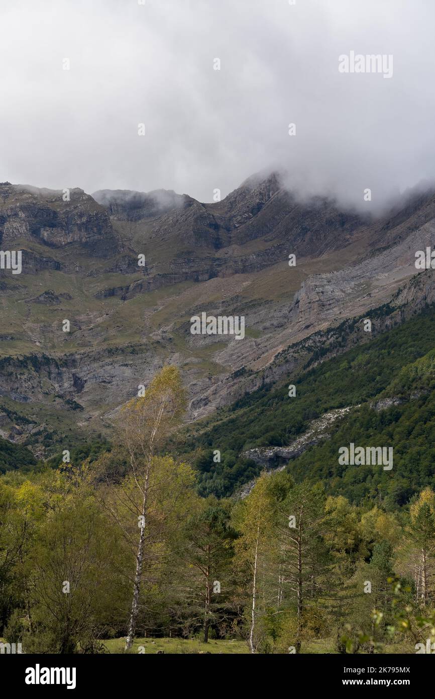 magnificent view of a long glacial forested valley through cloud topped ...