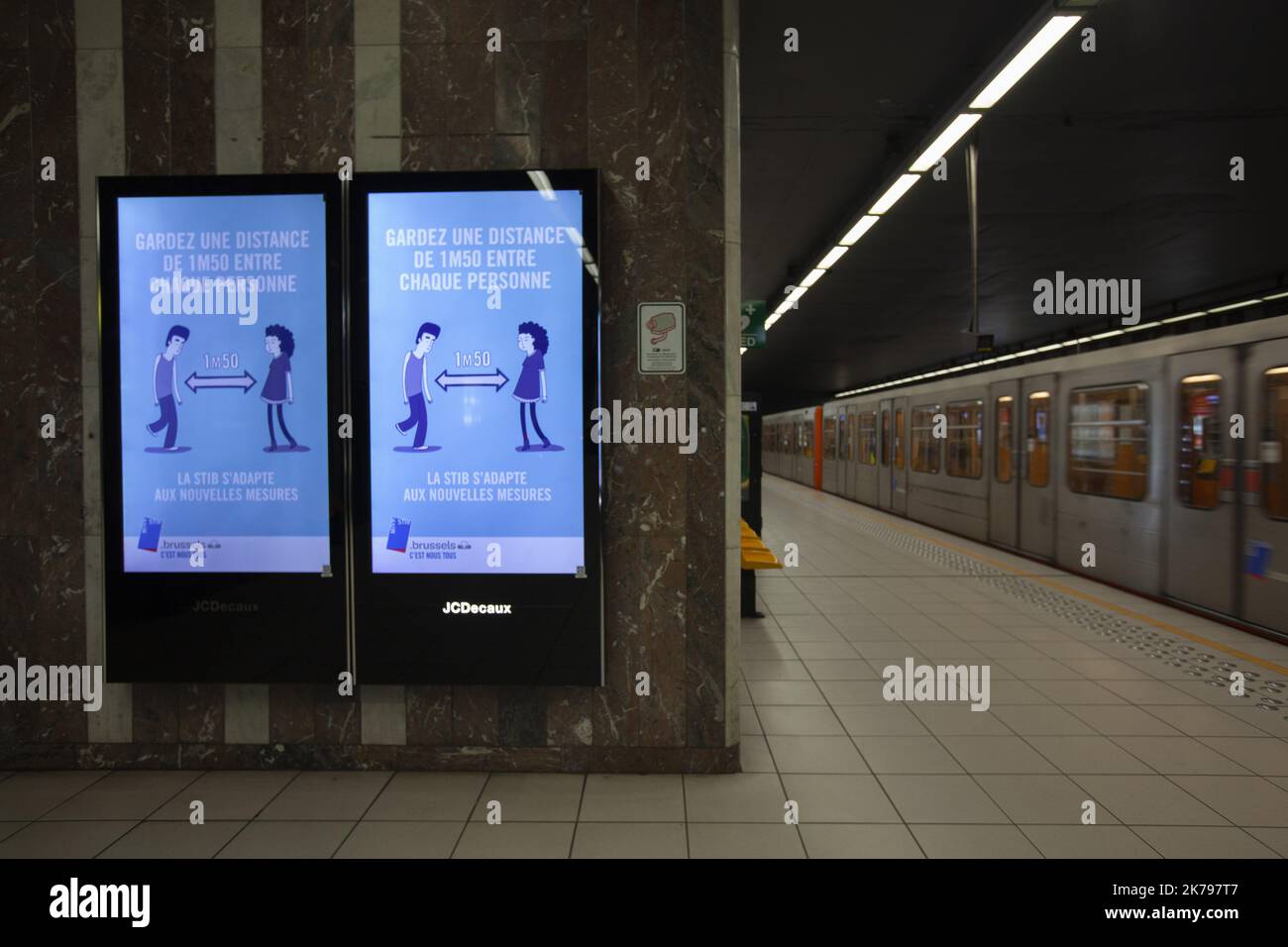 A general view of an empty metro station in Brussels with social ...