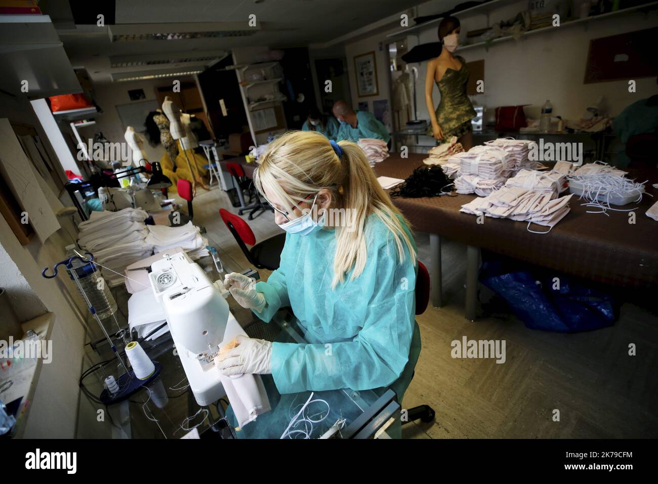 Cannes, France, april 13th 2020 - Aline BUFFET's sewing workshop ...