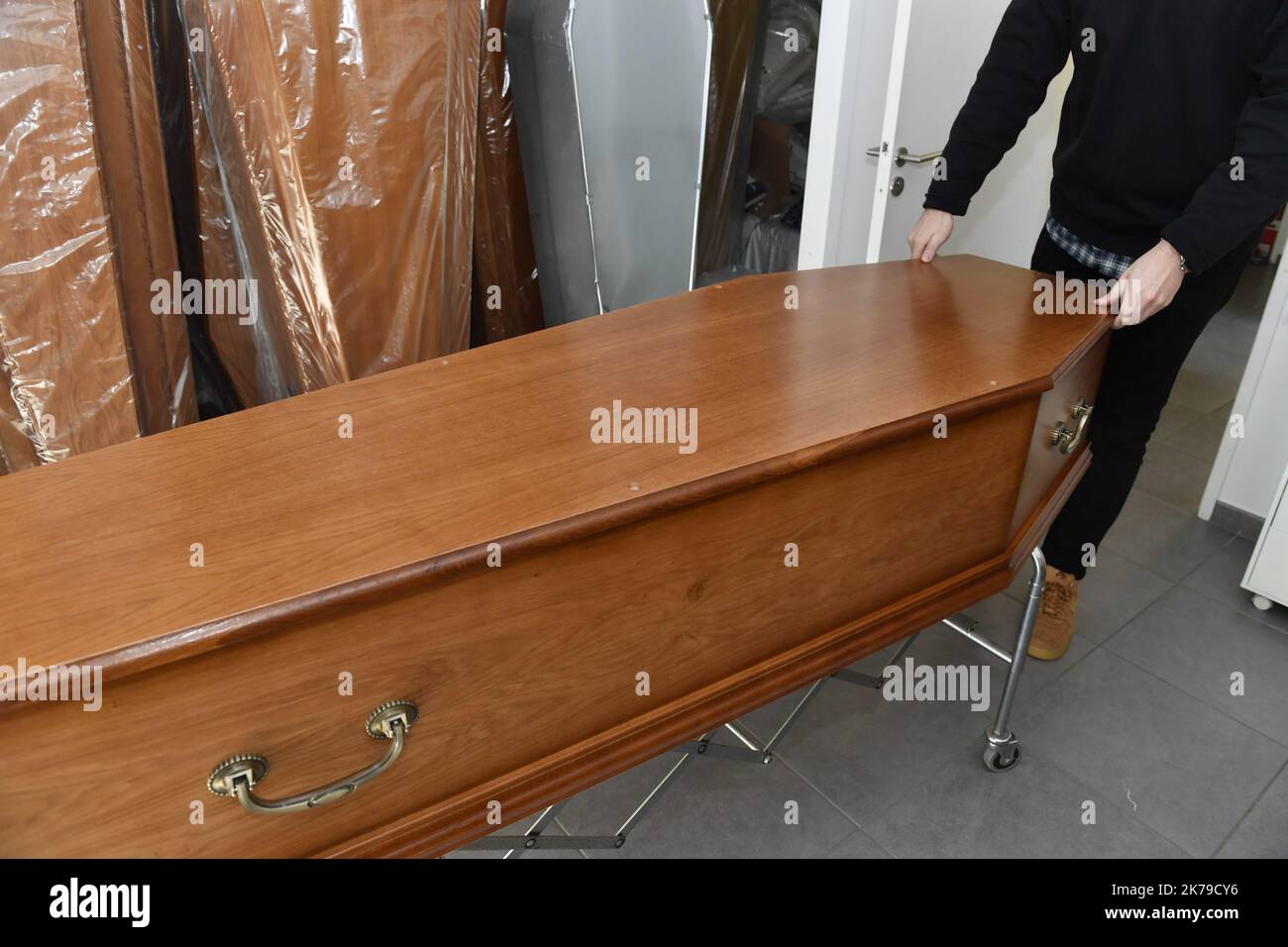 L'Hermitage, France, april 15th 2020 - Coffins are getting ready for ...