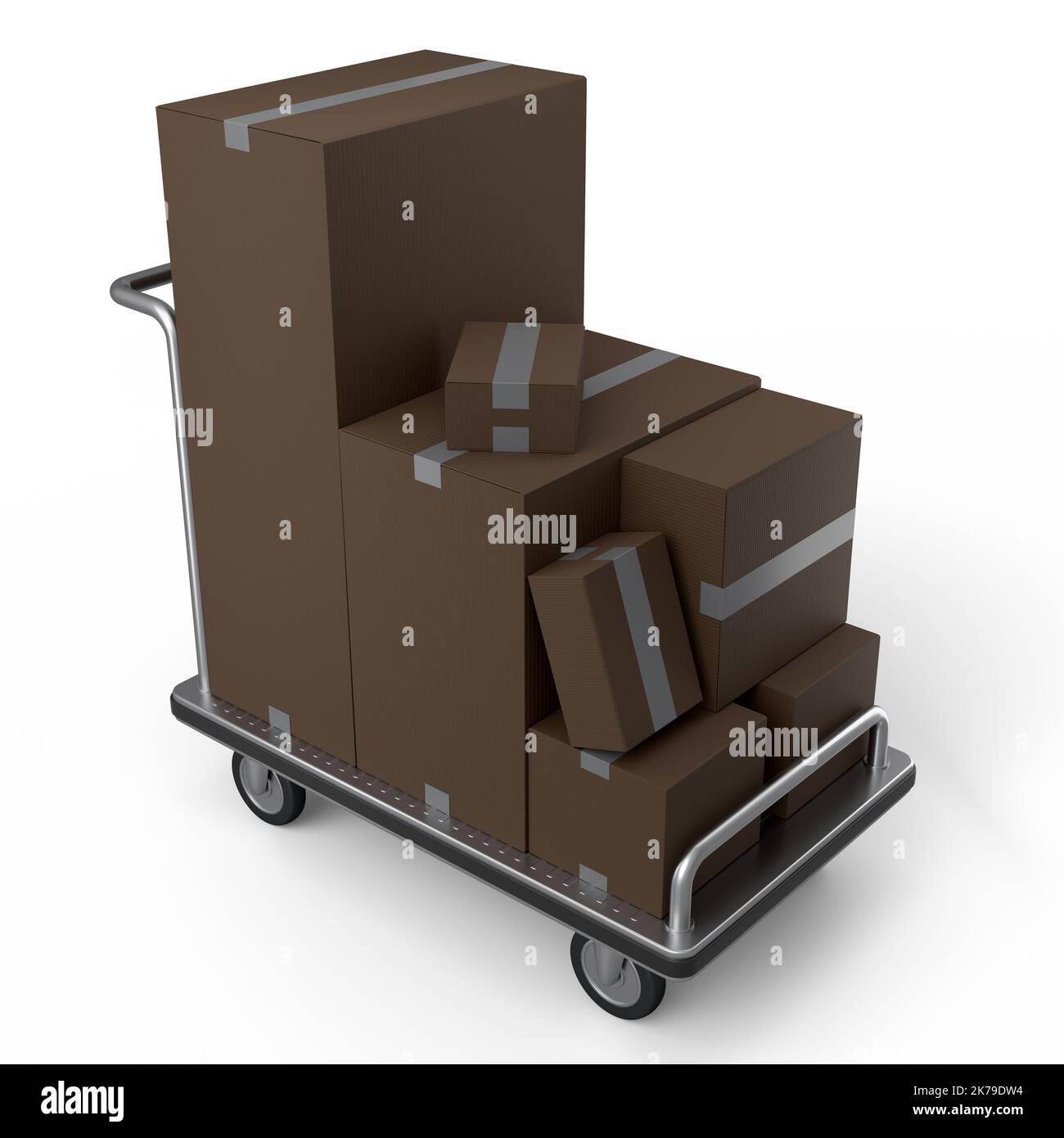 Airport luggage cart or baggage trolley side with stack of cardboard ...