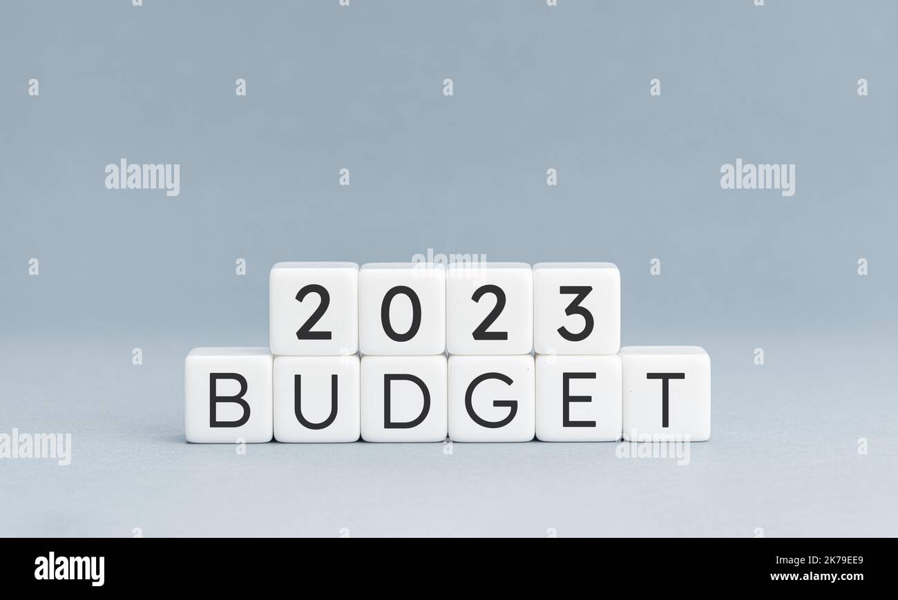 2023 budget message on block shape isolated on blue background. Copy ...