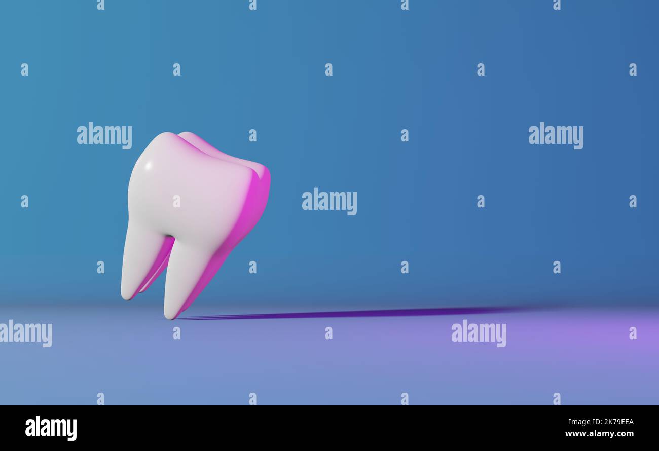 White healthy molar tooth 3D rendering banner neon light blue ...