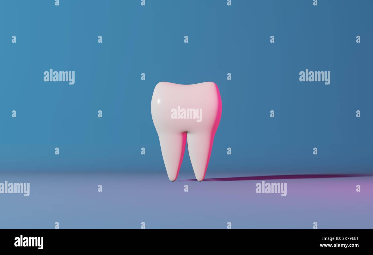 White healthy molar tooth 3D rendering banner neon light blue ...