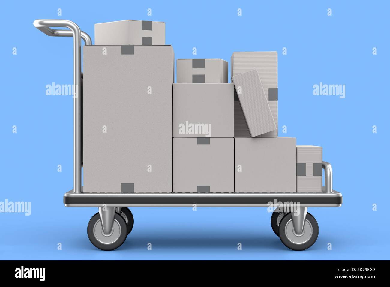 Airport luggage cart or baggage trolley side with stack of cardboard ...