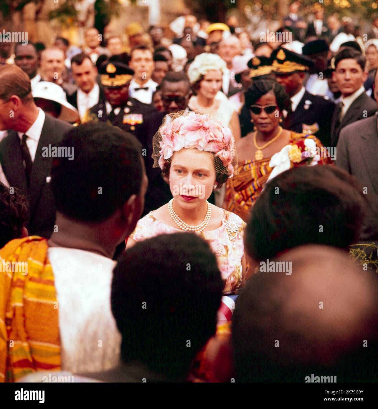 A vintage 1961 colour photograph showing Queen Elizabeth II talking to ...
