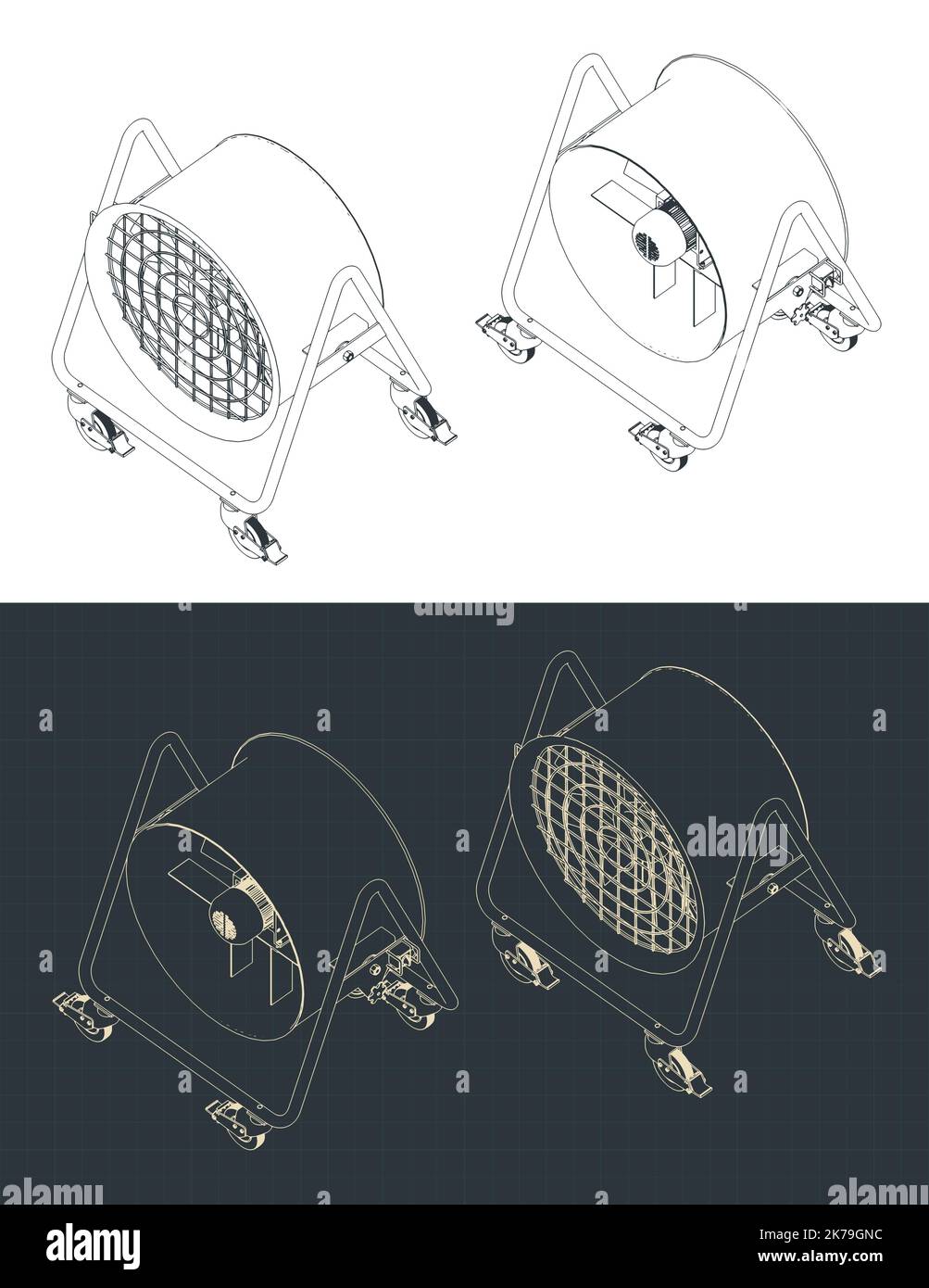 Stylized vector illustration of isometric blueprints of industrial fan ...