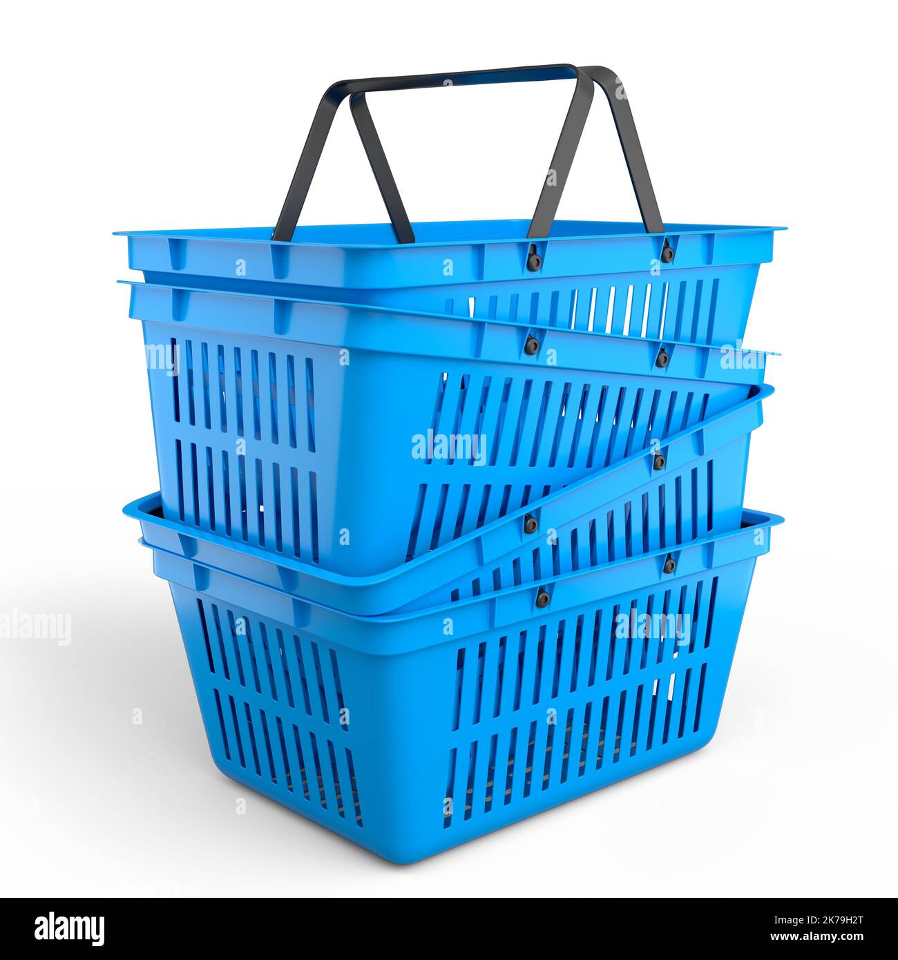 Stack of plastic shopping basket from supermarket on white background ...