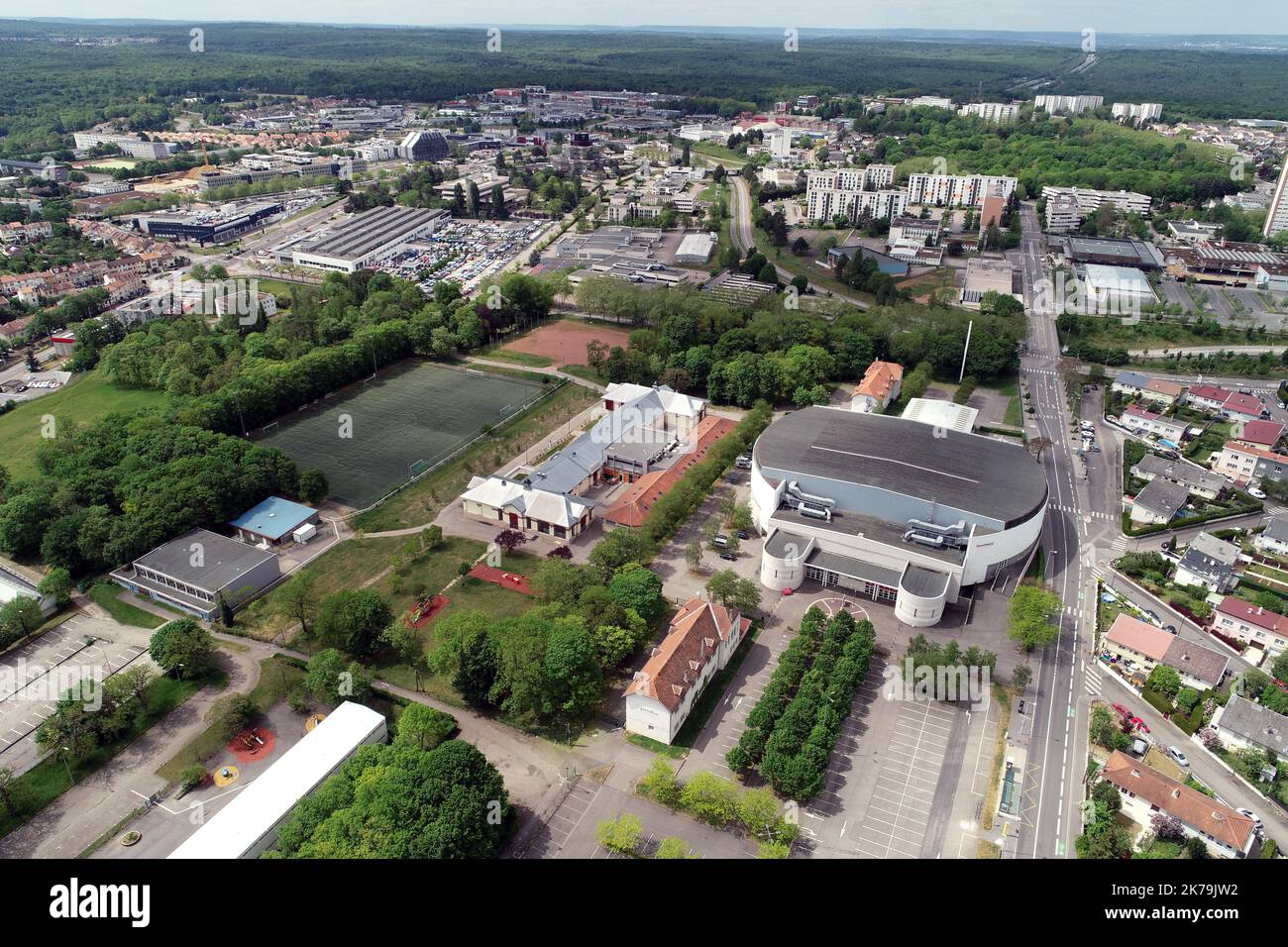 Drone views views of Nancy, France. La salle des fÃªtes de Gentilly et ...