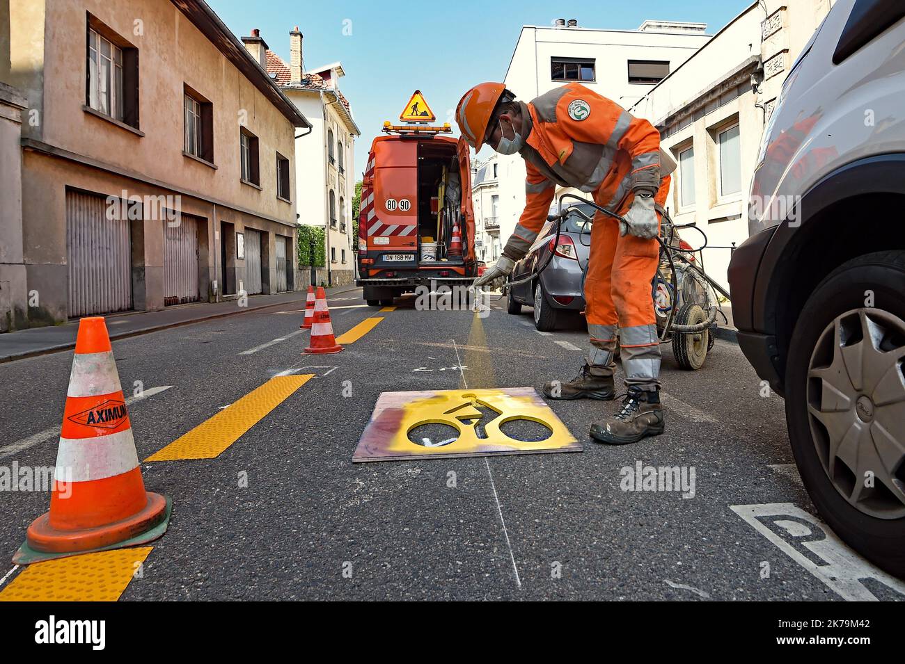 Deconfinement: creation of a temporary bike path. Nancy, france Stock ...