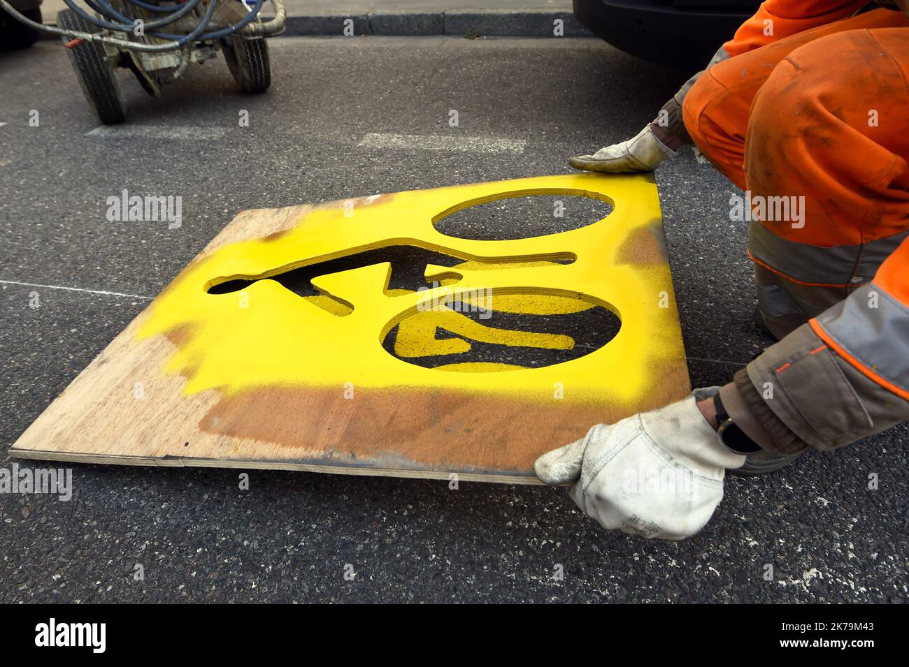 Deconfinement: creation of a temporary bike path. Nancy, france Stock ...