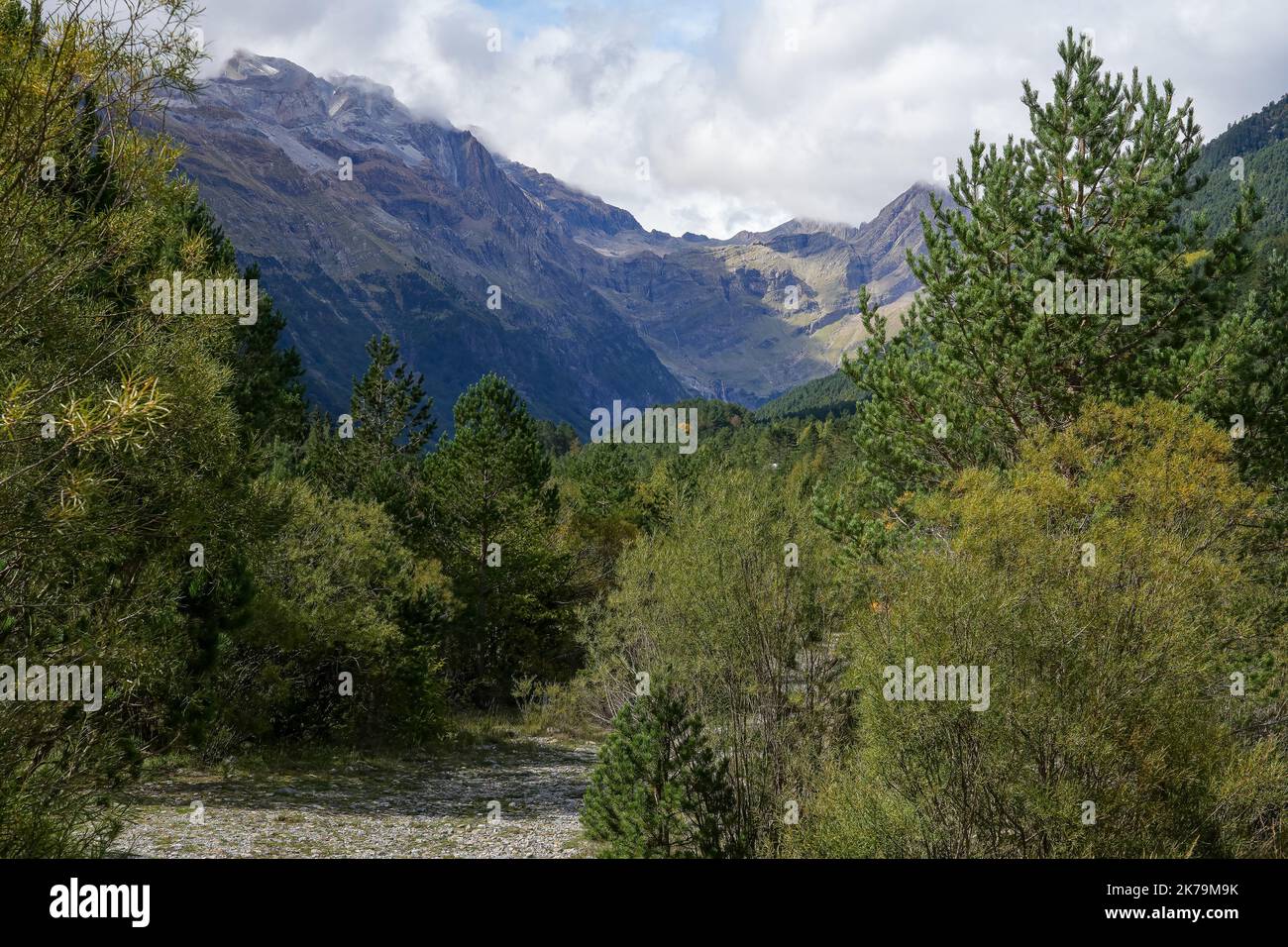 view along a glacial forest lined valley to a massive mountainous ...