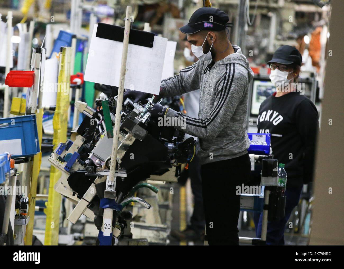 Onnaing, France, May 19, 2020. Staff of Toyota working at the ...