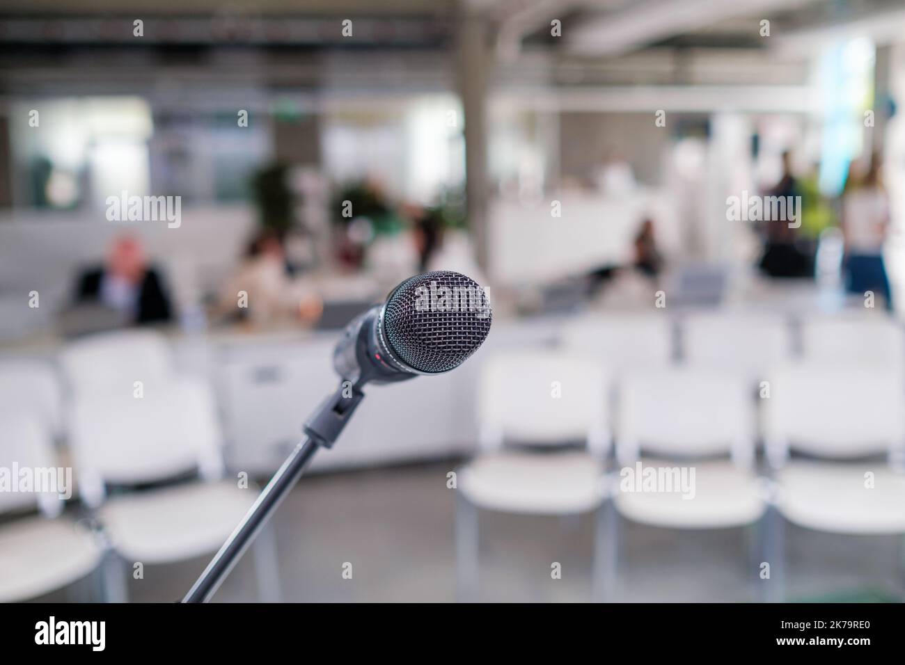 Microphone on stage before public event Stock Photo - Alamy