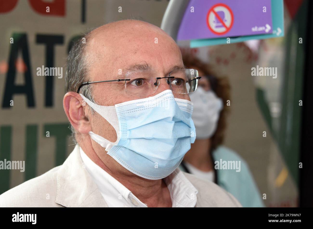 covid test drive in a bus France, Nancy June 5 2020. Le Pr Christian ...