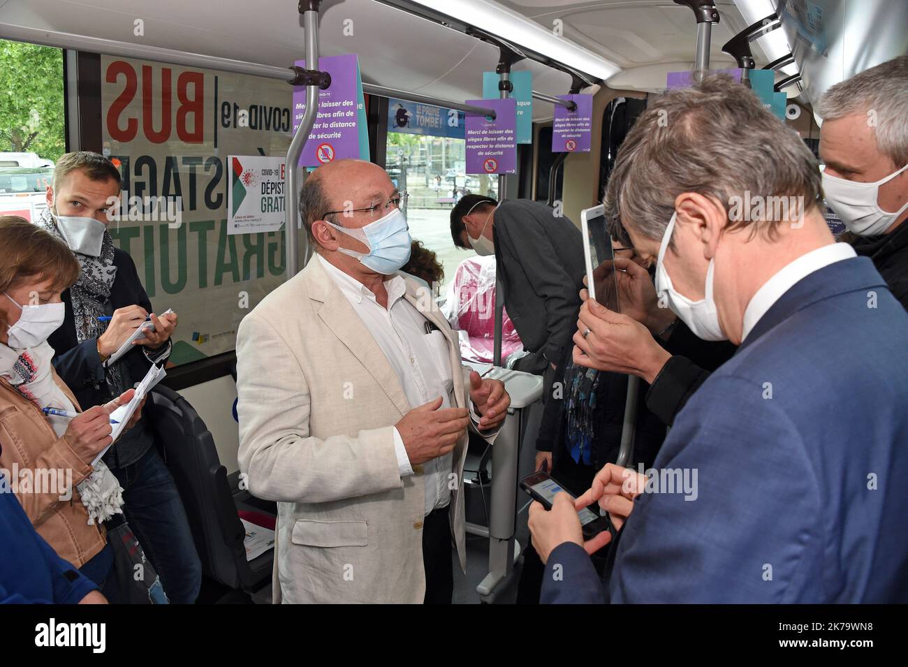 covid test drive in a bus France, Nancy June 5 2020. Le Pr Christian ...