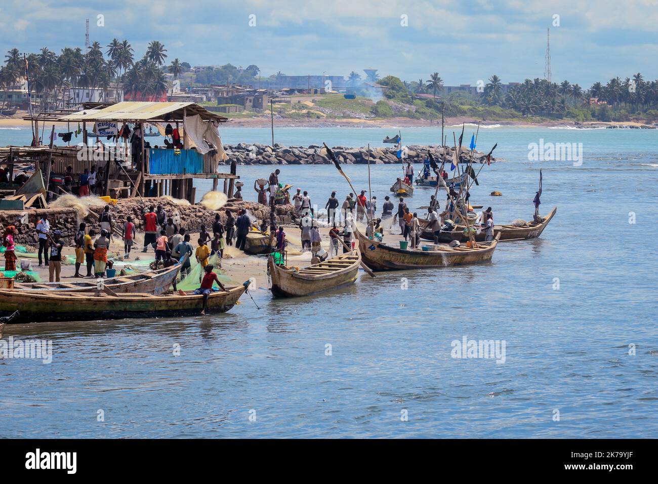 Atlantic Ocean View in the Elmina port with Boats and small Ships in ...