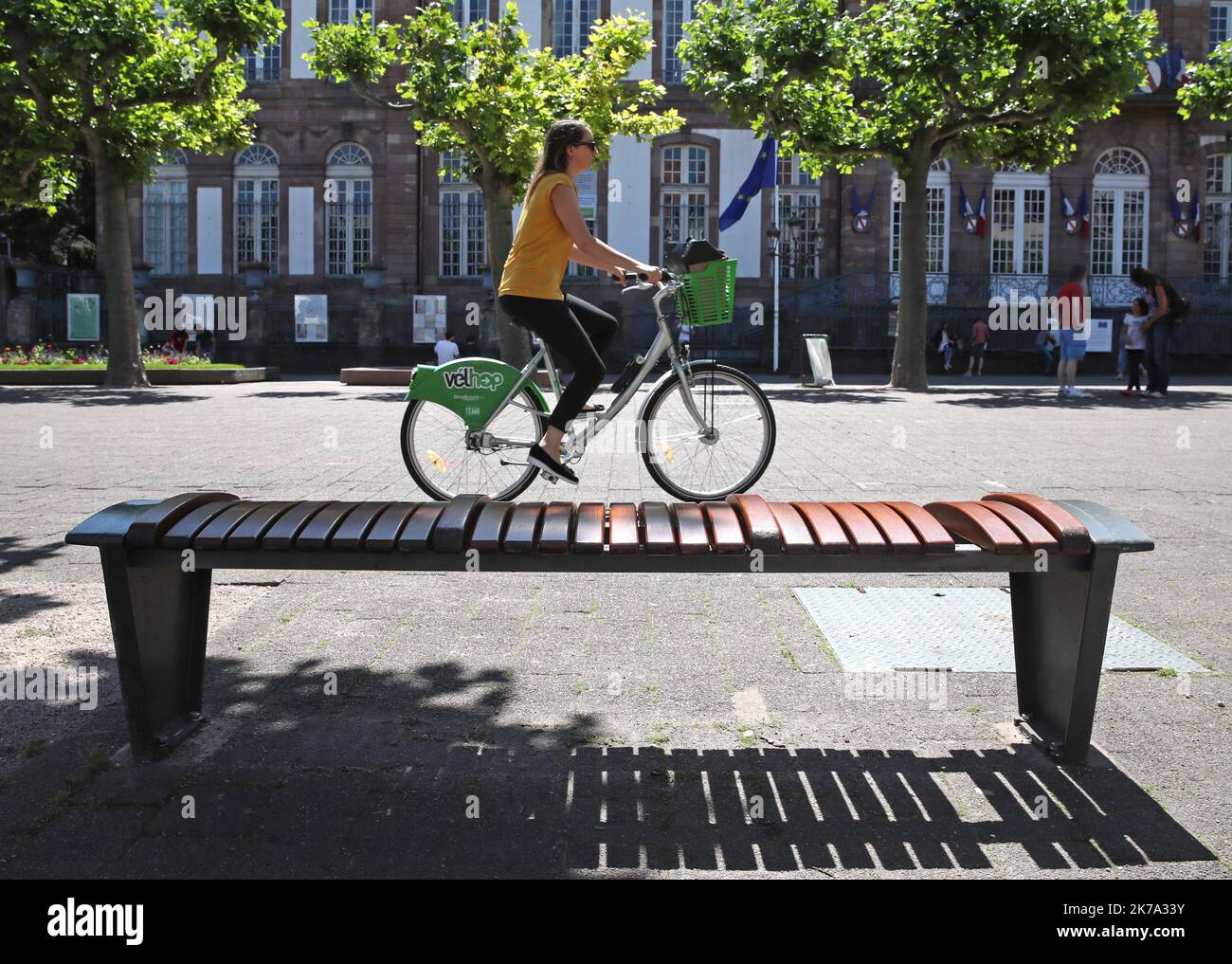 Strasbourg, France, june 23rd 2020 - A curved bench carrying ...
