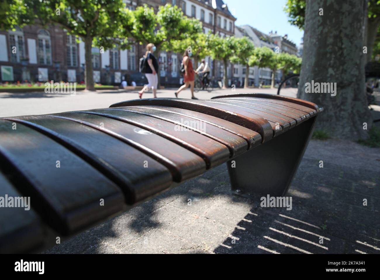 Strasbourg, France, june 23rd 2020 - A curved bench carrying ...
