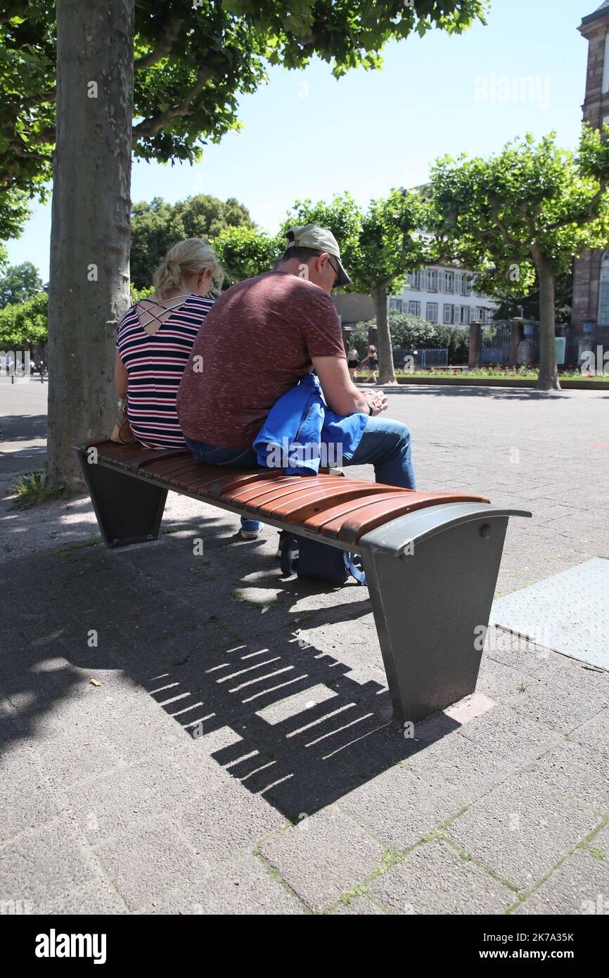 Strasbourg, France, june 23rd 2020 - A curved bench carrying ...