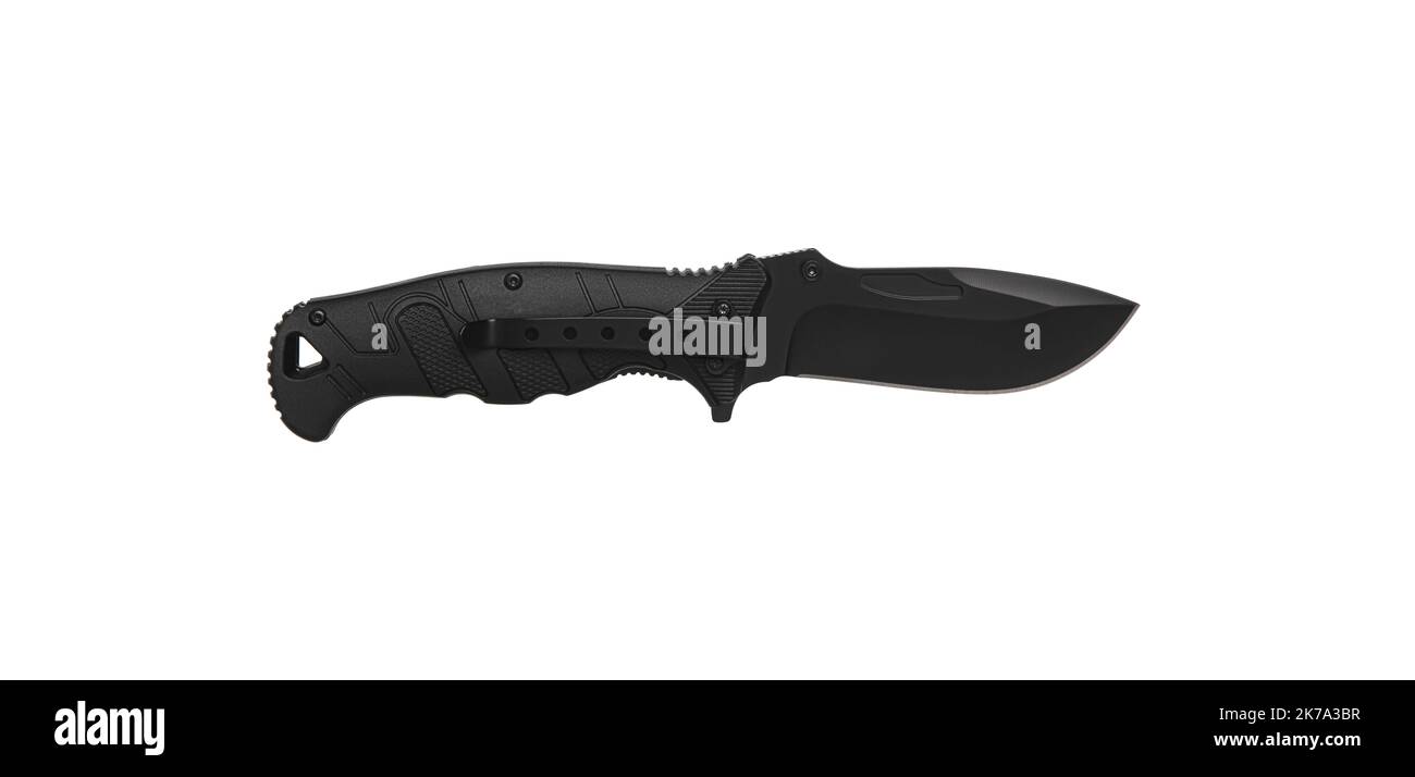 Pocket black folding knife isolate on white background. Compact metal ...